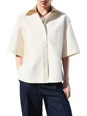 Mango Cotton Blend Tie Back Button-up Shirt - Beige