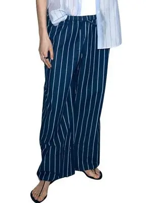 Mango Stripe Drawstring Wide Leg Pants - Open Blue