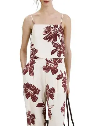 Mango Tropical Floral Print Square Neck Spaghetti Strap Tank Top - Ecru