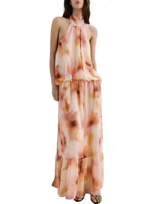 Mango Abstract Print Halter Maxi Dress - Peach