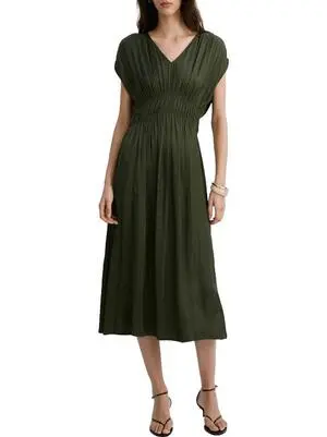 Mango Gathered Waist V-neck Midi Dress - Khaki