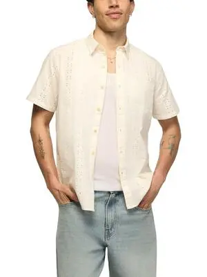 Lucky Brand San Gabriel Short Sleeve Cotton Eyelet Button-up Shirt - Tofu