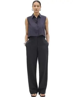 Another Tomorrow Another Tomorrow Sleeveless Cropped Shirt In Organic Cotton Midnight