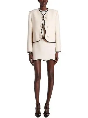 Valentino Garavani Cropped Wool Silk Jacket With Scalloped Binding - Vanilla