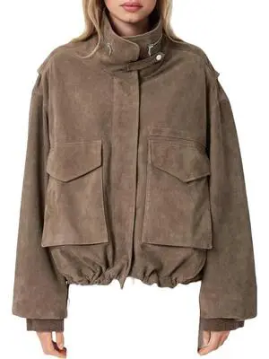 ALLSAINTS Clay Suede Jacket With Stand Collar And Drawstring Hem - Walnut Brown