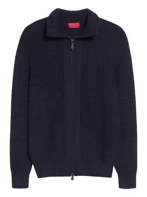 Isaia Wool Zip-up Bomber Cardigan - Navy
