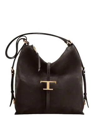 TOD'S Logo Plaque Suede Shoulder Bag - Brown
