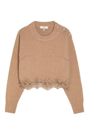 Chloé Wool And Cashmere-blend Jumper With Lace Trim - Brown