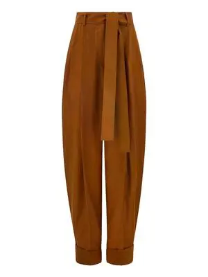 FERRAGAMO Barrel Leg High Waisted Virgin Wool Trousers - Brown