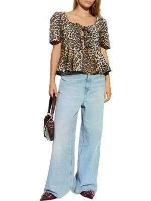GANNI Leopard-print Puff Sleeve Peplum Blouse - Neutrals