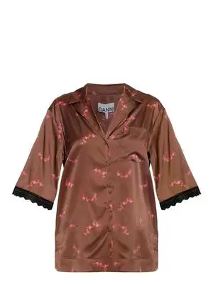 GANNI Floral Print Lace Trim Shirt - Brown