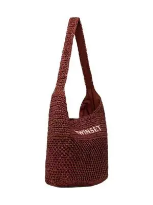 TWINSET Logo Embroidered Woven Shoulder Bag - Brown
