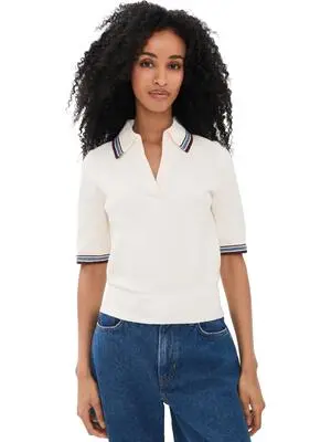 Veronica Beard Quennelle Knit Polo With Ribbed Trim - Ecru