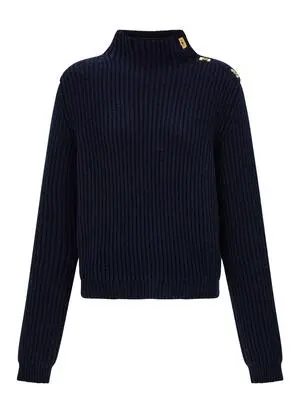 FERRAGAMO Knitted Sweater With Gancini Button Detail - Blue