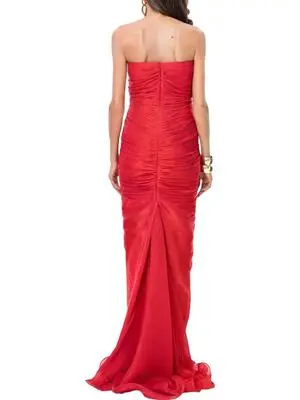 ANA RADU Floral Appliqué Ruched Maxi Dress - Red