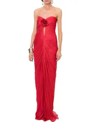 ANA RADU Strapless Floral Appliqué Gown - Red