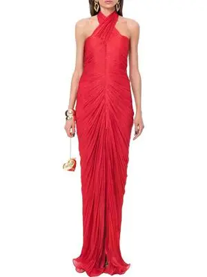 ANA RADU Ruched Halterneck Maxi Gown - Red