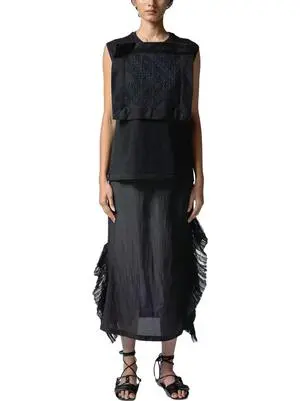 MULLER OF YOSHIOKUBO Ruffle Trim Semi-sheer Midi Skirt - Black