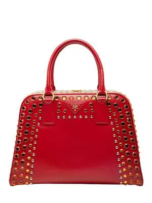 Prada Saffiano Vernice Pyramid Studded Frame Bag Handbag - Red