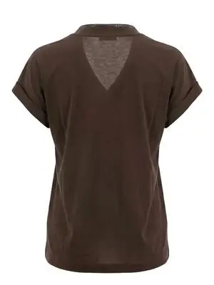 Brunello Cucinelli Monili-trimmed V-neck T-shirt - Brown