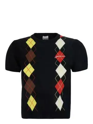 GANNI Logo Embroidered Argyle T-shirt - Black