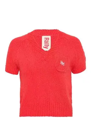 Rally Movement Textured Knit V-neck Sweater With Embroidered Logo - Red