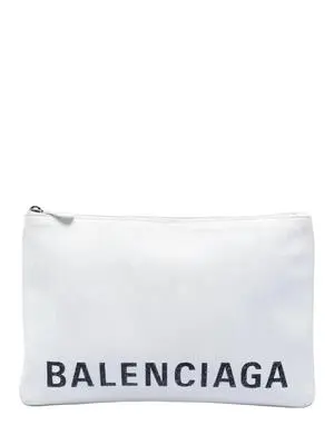 Balenciaga Leather Ville Logo Zip Pouch Clutch Bag - White
