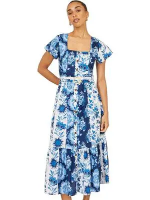 YUMI Floral Belted Midi Dress - Blue