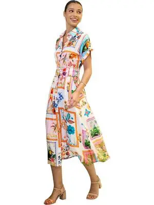 YUMI Tropical Postcard Print Midi Shirt Dress - Ivory