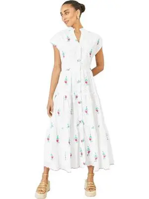 YUMI Broderie Anglaise Embroidered Midi Dress - White