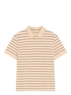 Valentino Garavani Cotton Pique Polo Shirt With Vgold Stripes - Beige/navy