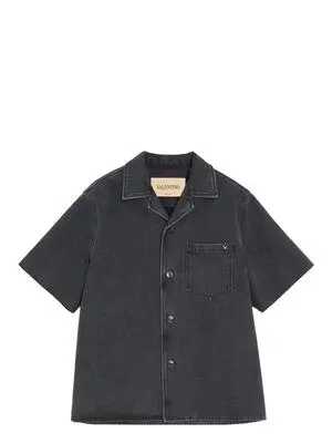 Valentino Garavani Denim Bowling Shirt With Vgold - Black
