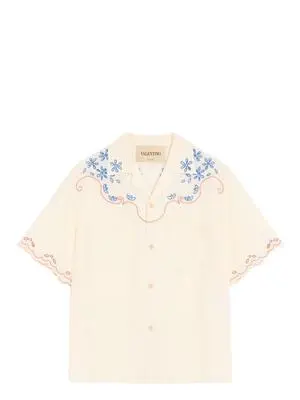 Valentino Garavani Linen Bowling Shirt In San Gallo With Vlogo Embroidery - Latte