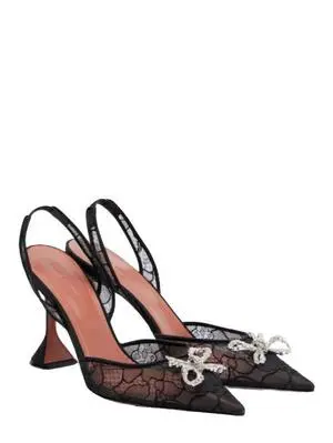 Amina Muaddi Lace High Heels With Crystal Bow - Black