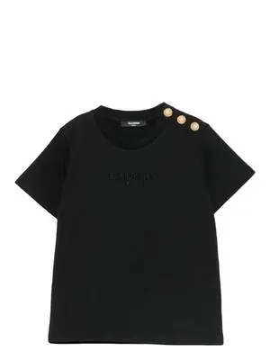 Balmain Logo Embroidered Button Detail T-shirt - Black