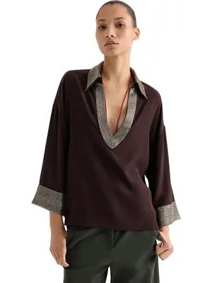 TWP Crepe Back Satin V-neck Tunic With Hand-beaded Trim - Chocolate