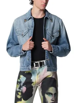 Versace Medium Stonewashed Denim Jacket With Medusa Logo Collar Tips - Blue