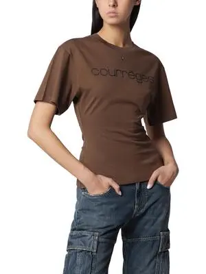 COURREGES Fitted Waist Cotton T-shirt With Logo - Brown