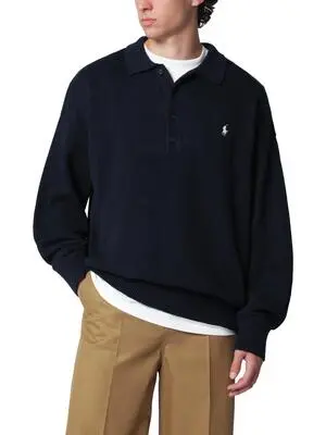 Polo Ralph Lauren Navy Cotton Sweater With Embroidered Flag Motif - Blue