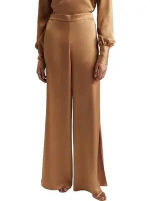St. John Kate Side Slit Liquid Satin Pants - Vicuna