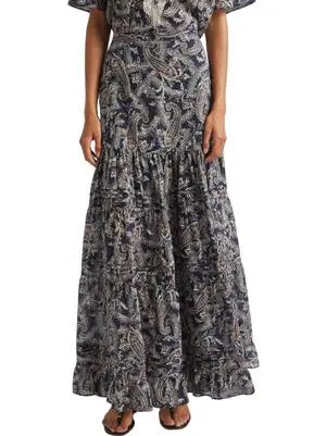 Veronica Beard Heatheralyn Paisley Tiered Cotton Skirt - Navy Multi