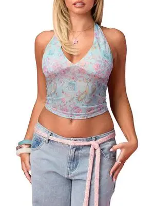 EDIKTED X Barbie Paisley Mesh Halter Top - Light-blue