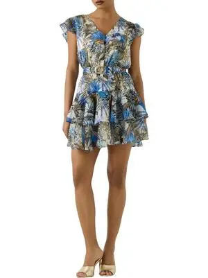 Guess Tropical Print Ruffle Minidress With Logo Hardware Belt - Open Blue