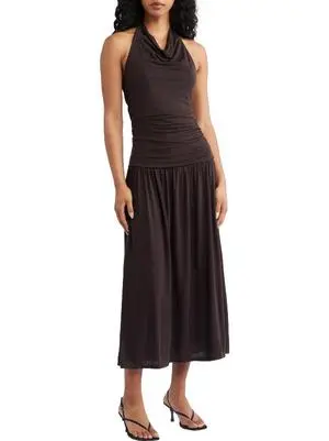 Mango Osana Ruched Drop Waist Halter Midi Dress - Brown
