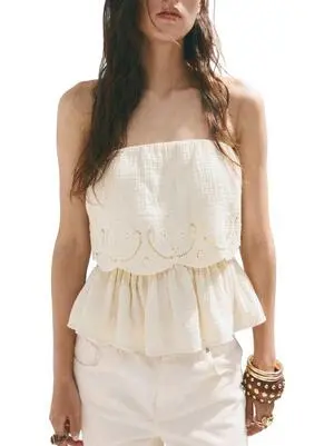 Mango Strapless Peplum Top With Openwork Embroidery - Ecru