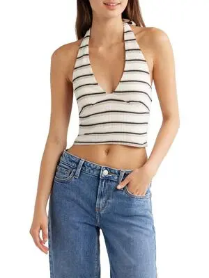 Rip Curl Ribbed Halter Neck Striped Crop Top - Bone