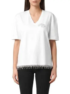 Philipp Plein Cotton T-shirt With Rhinestone Logo And Fringed Hem - White