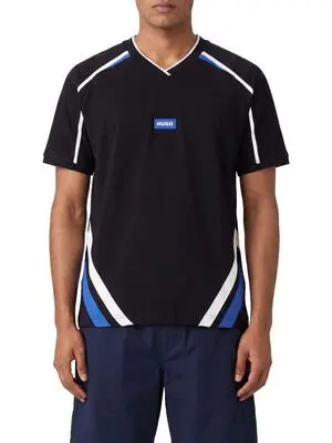 Hugo Striped Crew Neck T-shirt In Pure Cotton With Contrast Logo - Black