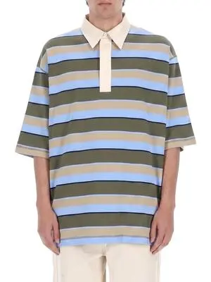 AMI Paris Striped Relaxed Fit Cotton Polo Shirt With Concealed Placket And French Collar - Blue