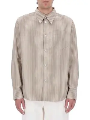AMI Paris Striped Cotton Shirt With A Point Collar And Chest Patch Pocket - Beige